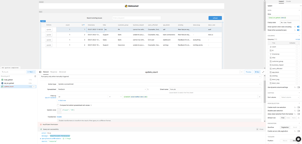 "Insufficient Permission" error when updating a Google sheet - 💬 Queries and Resources - Retool ...