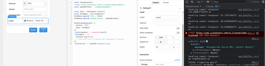 Error In Uploading Image File To Cloudinary Using `fileinput` Component App Building Retool
