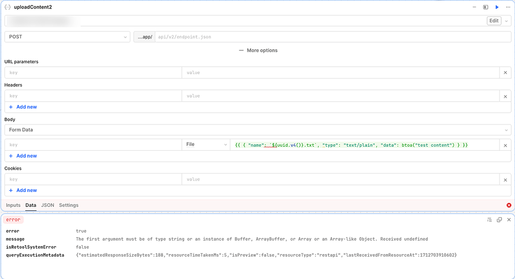 Error uploading file using Workflows: The first argument must be of ... Error uploading file using Workflows: The first argument must be of ...