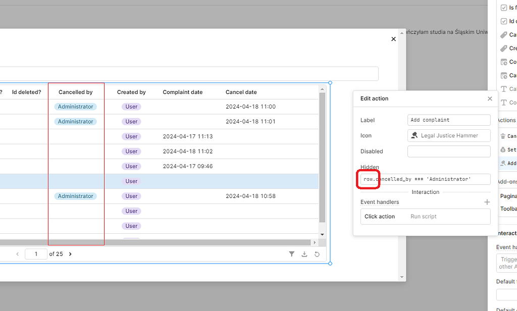 Changing the visibility of the "action buttons" of the "table" component depending on the data ...