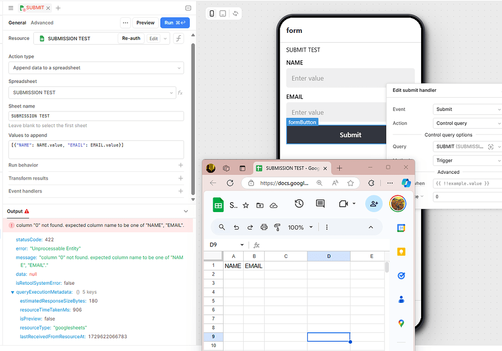 Issues on sending submissions to Google sheet - 💬 Queries and Resources - Retool Forum