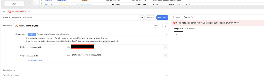 Asana resource suddenly failing – "Could not parse parameter value string as JSON Object or JSON ...