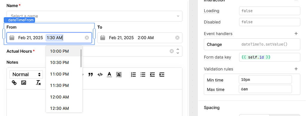 Date Time component min time not working when there's a min date - 💬 App Building - Retool Forum