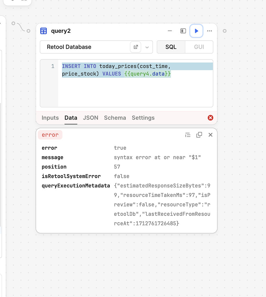 Workflow Sql Insert Into Error Syntax Error At Or Near 1 💬 Queries And Resources Retool