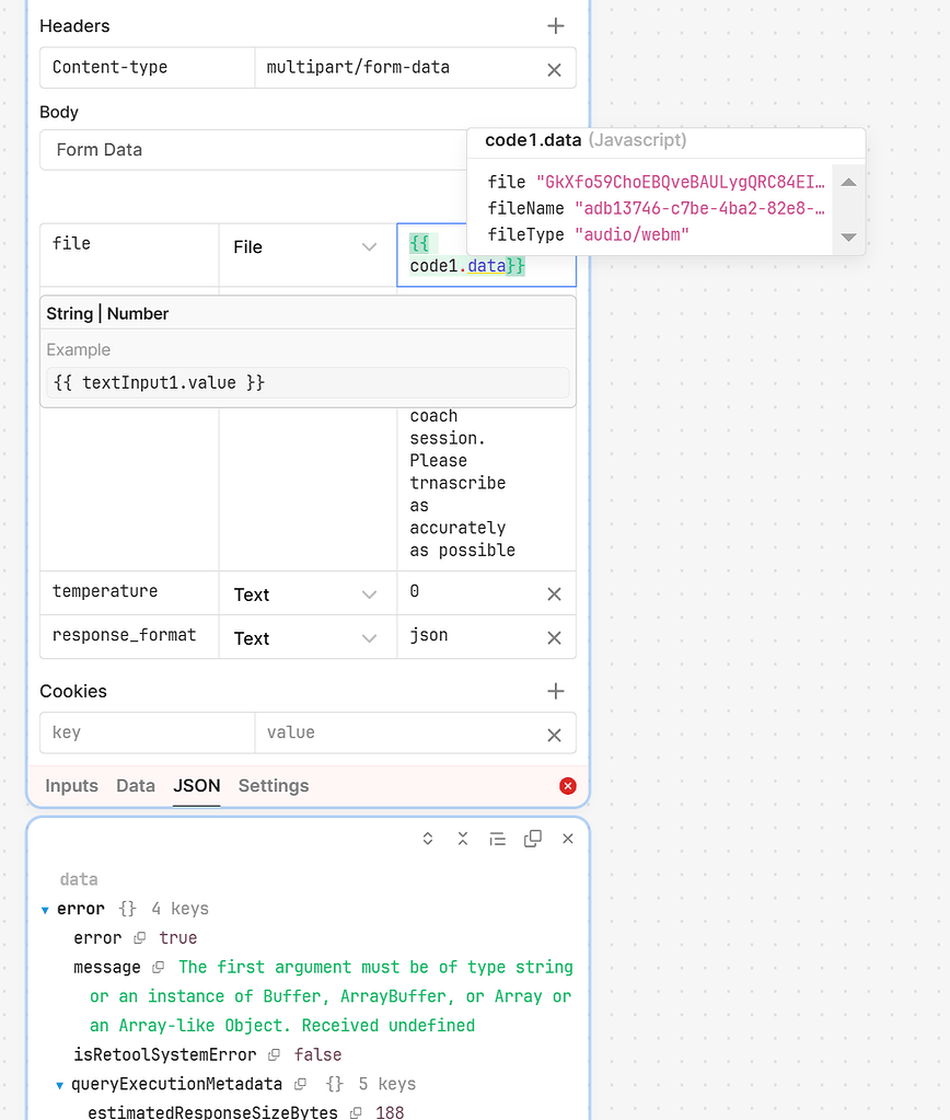 Speech to Text OpenAI API - Help with Form Data - 💬 App Building - Retool Forum