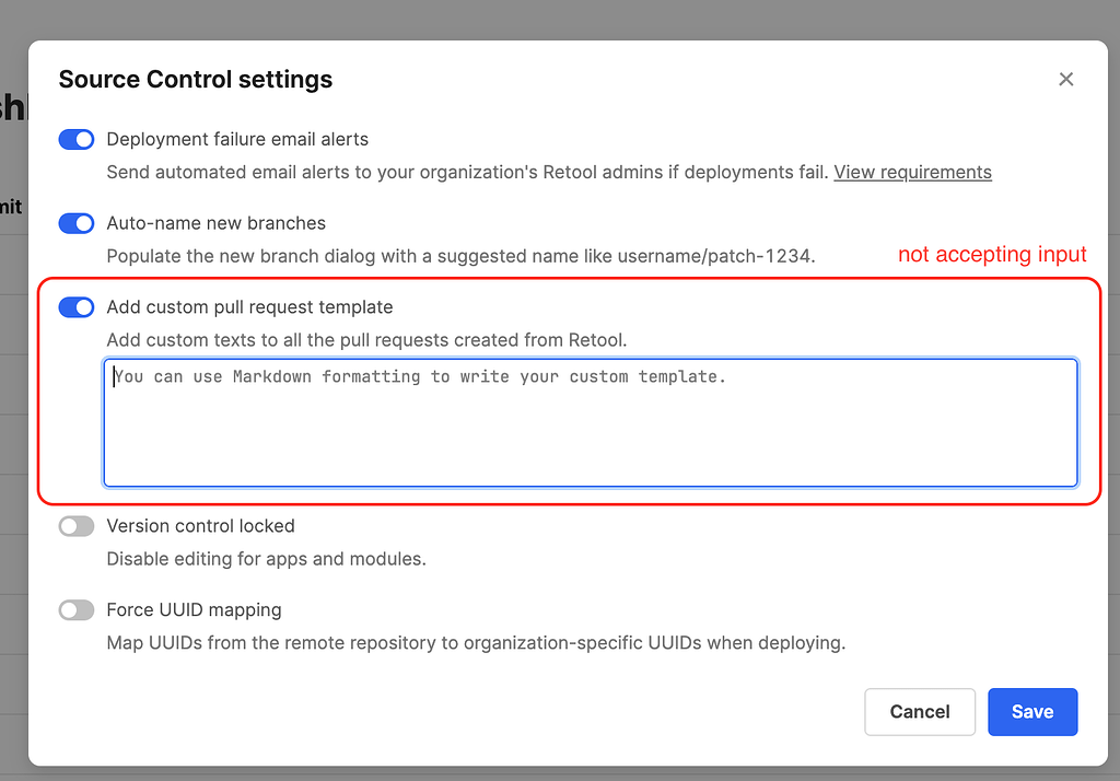 Issue With Git Based Source Control Unable To Use Custom Pr Templates And Disable Retool