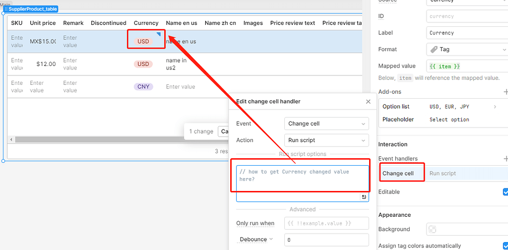 Is possible to get the changed valued of tag of new table in cell change handler? - 💬 App ...
