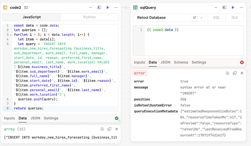 Retool Workflow Create Row In Retool Hosted Database For Each Item In Object List From Get Api