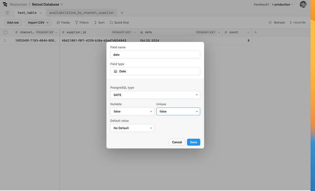 Retool Database - Editing a field, Unique: false reverts to true after save - 💬 Queries and ...