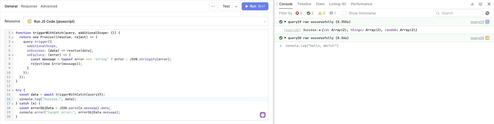 Workaround for using Try/Catch Blocks with Queries Triggered by .trigger() - 🧑‍💻 Retool Tips ...