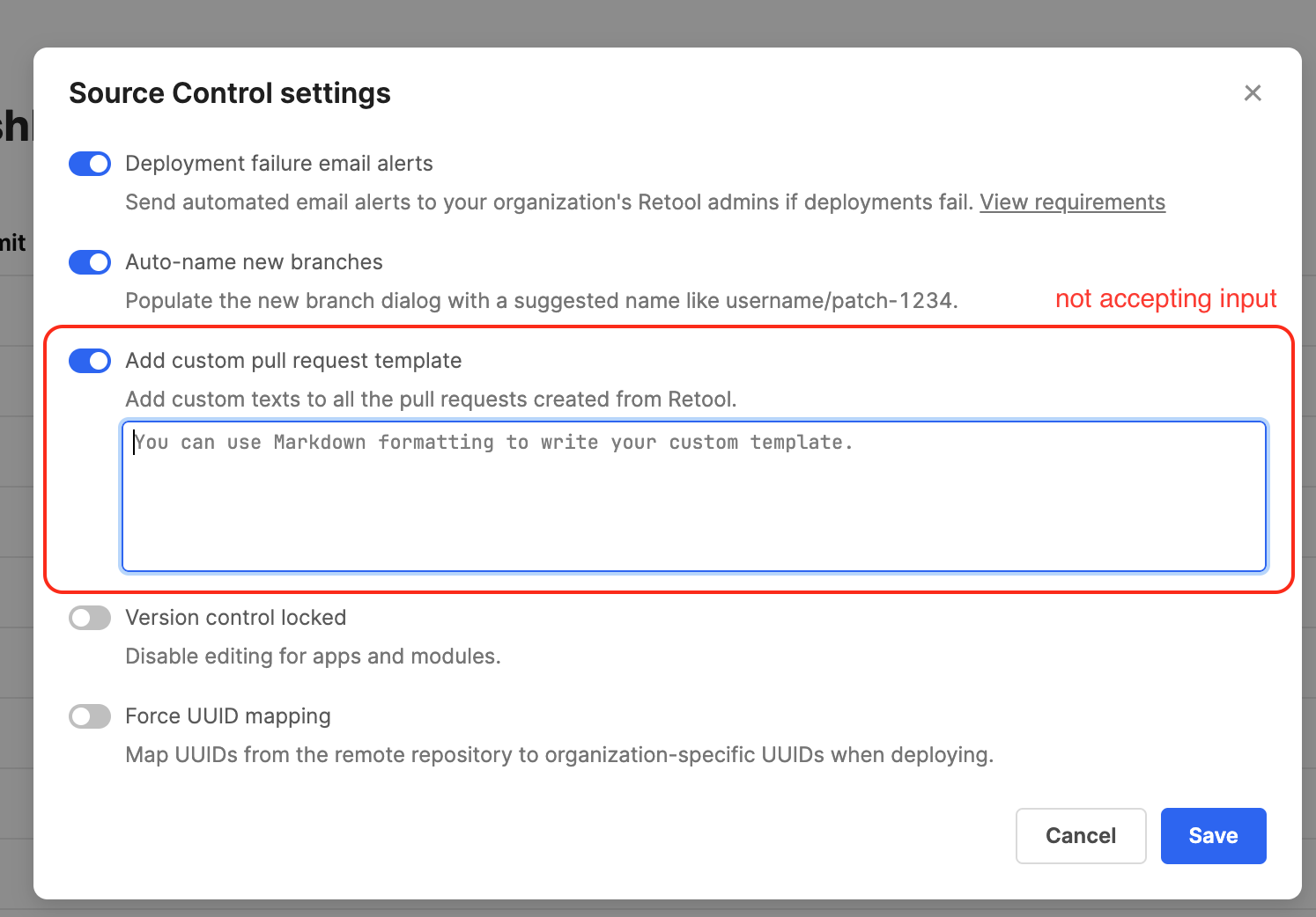 Issue With Git Based Source Control Unable To Use Custom Pr Templates And Disable Retool